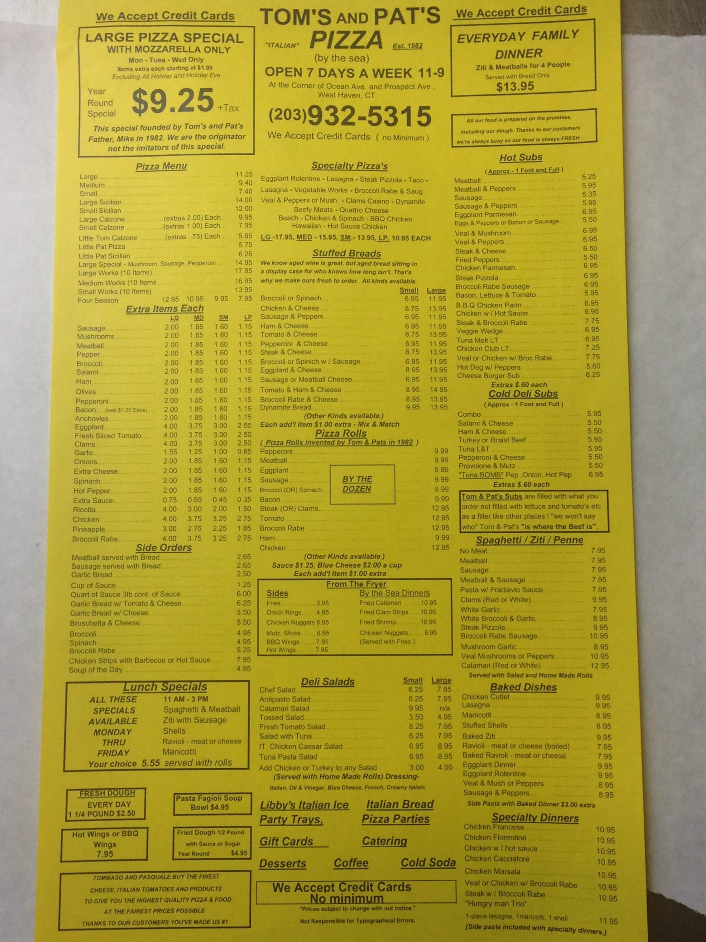 Menu at Tom & Pat's Pizza pizzeria, West Haven