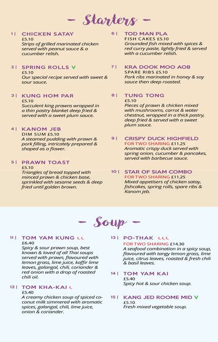 Menu at Star of Siam at The Highfield Hotel restaurant, Houghton le ...