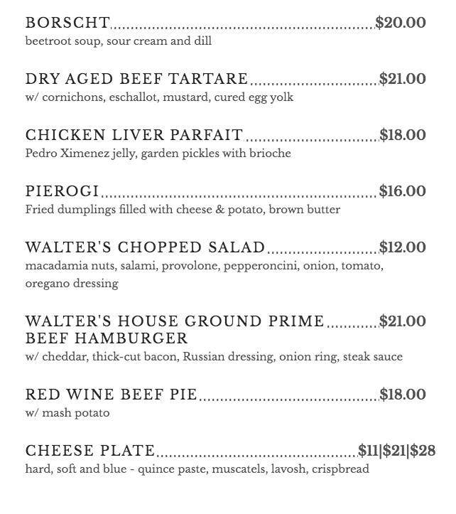 Menu at Walter's Steakhouse and Wine Bar, Brisbane City