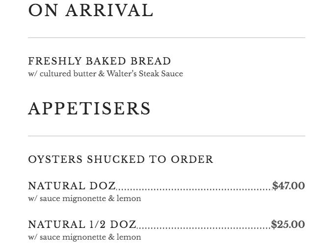 Menu at Walter's Steakhouse and Wine Bar, Brisbane City