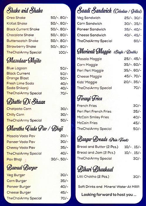 Menu of The Chai Army, Bangur, Kolkata
