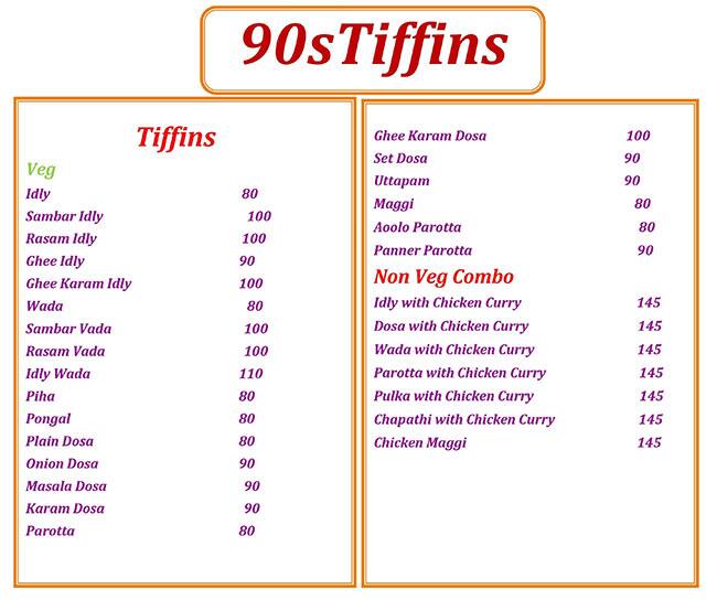Menu of 90s Tiffins, Kondapur, Hyderabad