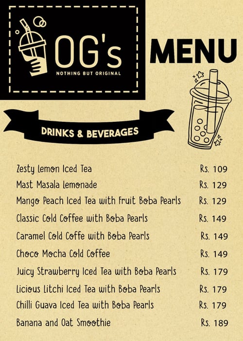 Menu of OG's, Kanakapura Road, Bangalore