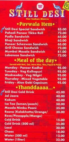 Menu at Still Desi, Mumbai, 19 Sonawala Building Green Street