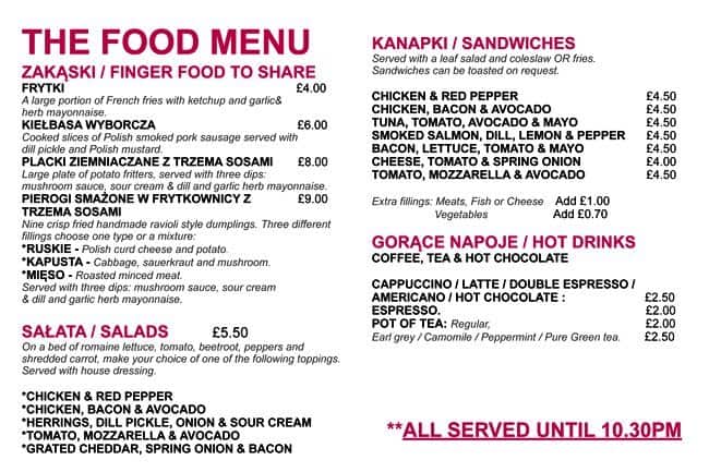 Menu at Bar Polski, London, 6 Little Turnstile