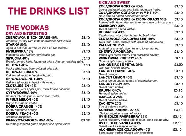 Menu at Bar Polski, London, 6 Little Turnstile