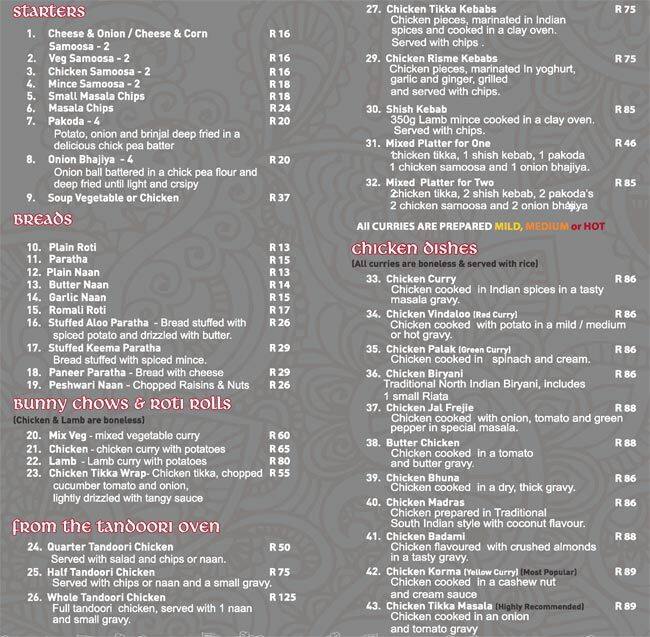 Menu at Banjaara restaurant, Krugersdorp, Voortrekker Road