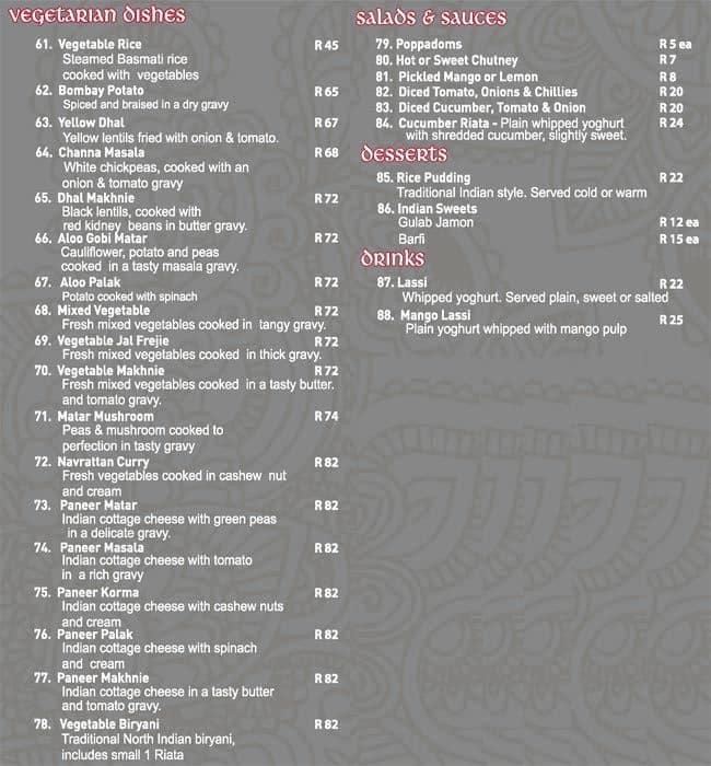 Menu at Banjaara restaurant, Krugersdorp, Voortrekker Road