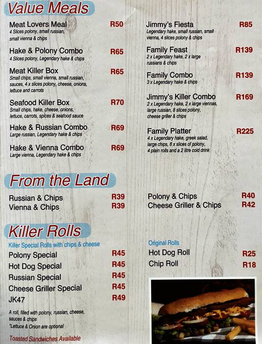 Menu at Jimmy's Killer Prawns restaurant, Randburg, Pendoring Road