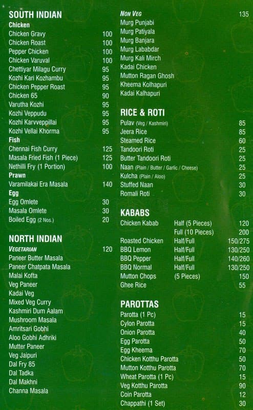 Menu at Capsicum, Chennai