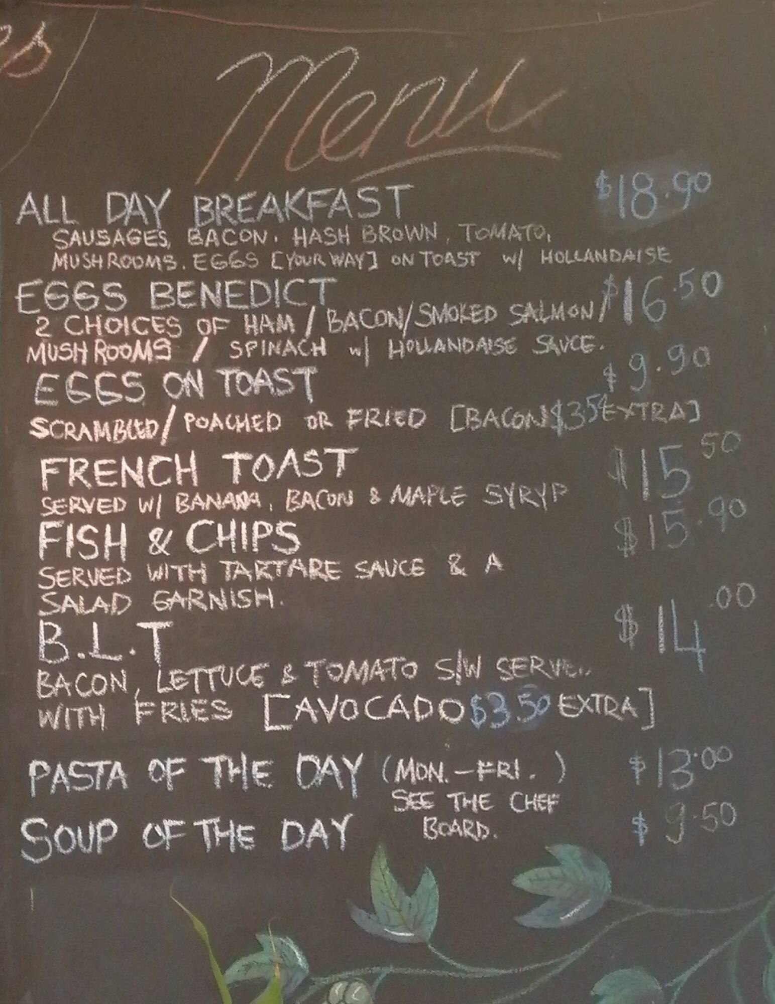 Menu at The Cafe Addict, Wellington