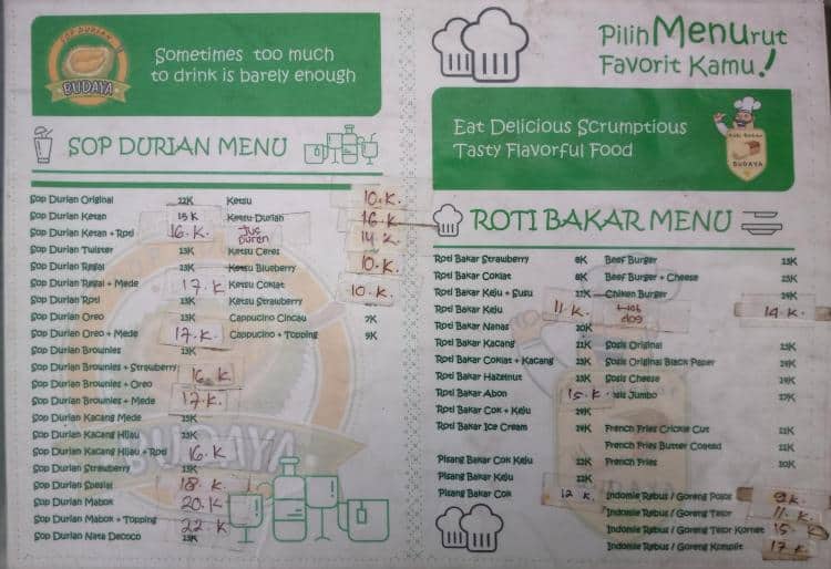 Menu at Sop Durian Dan Juice Budaya cafe, East Jakarta, Jl. Batu Ampar ...