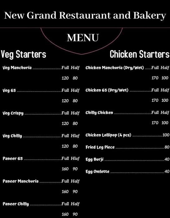 Menu of New Grand Restaurant & Bakery, Begum Bazaar, Hyderabad