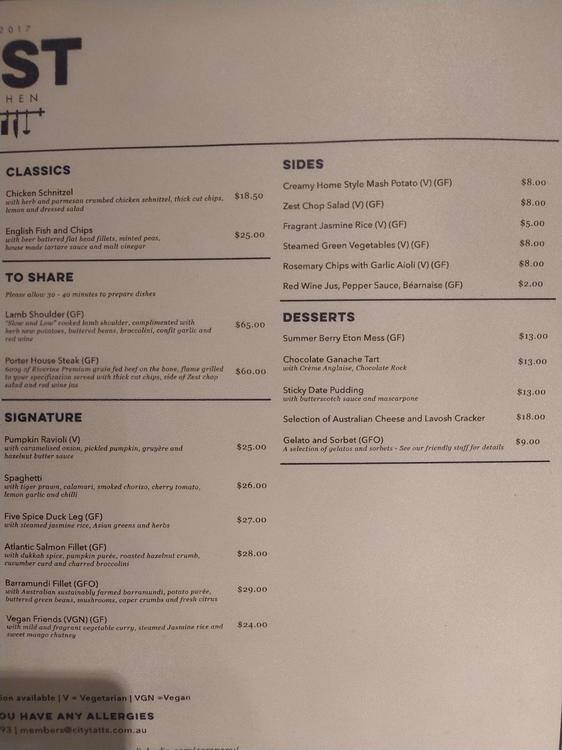 Menu at Lime Bar, Sydney, City Tattersalls Club