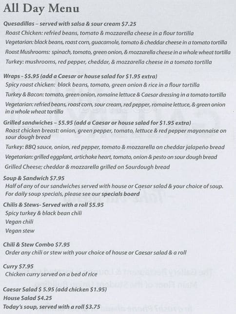 Menu at The Gallery restaurant, Vancouver