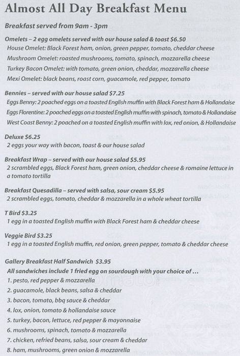 Menu at The Gallery restaurant, Vancouver