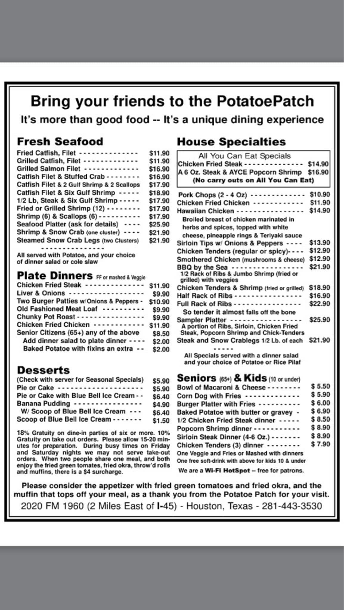 Menu at Potatoe Patch steakhouse, Houston, FM 1960