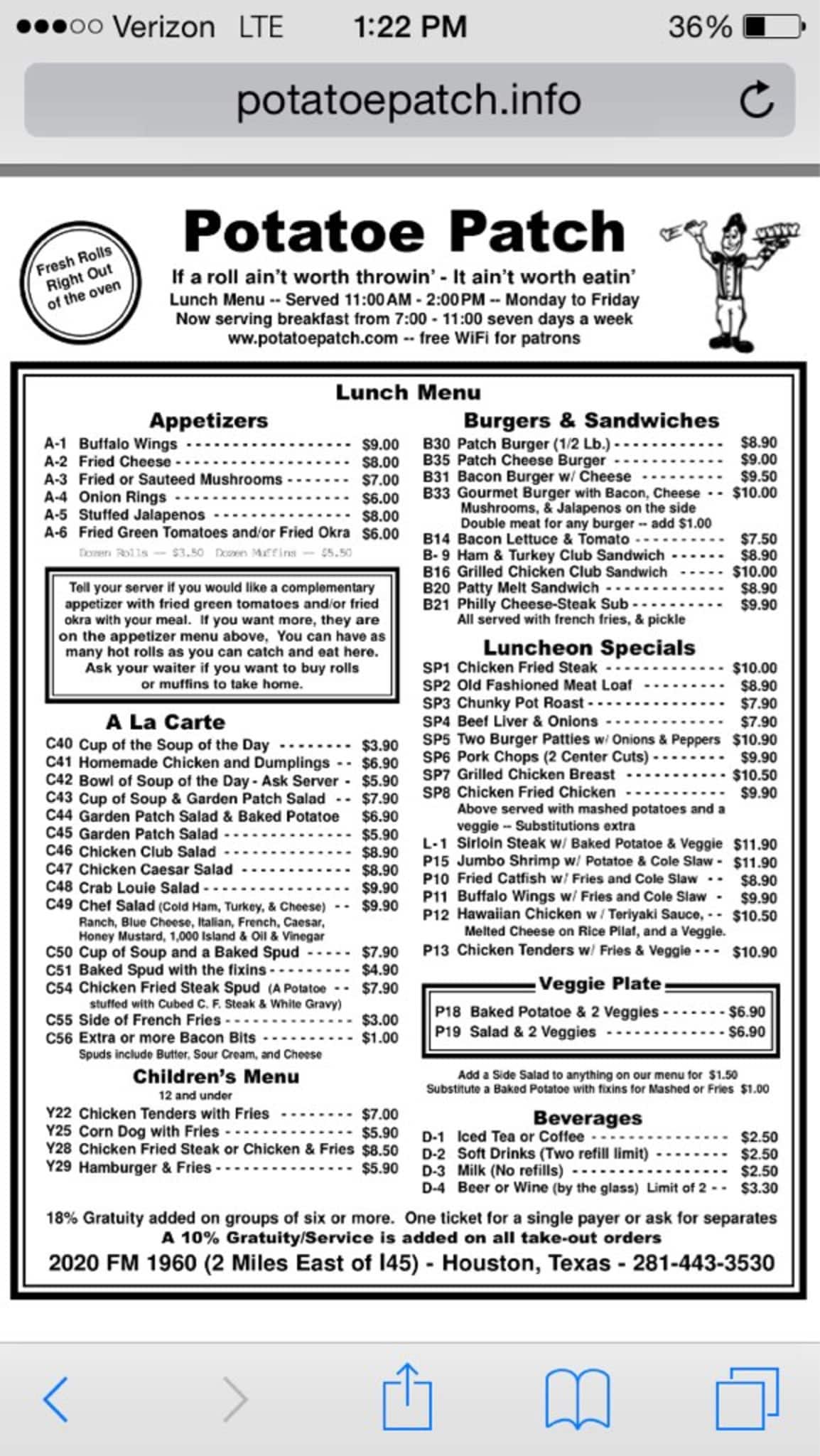 Menu at Potatoe Patch steakhouse, Houston, FM 1960