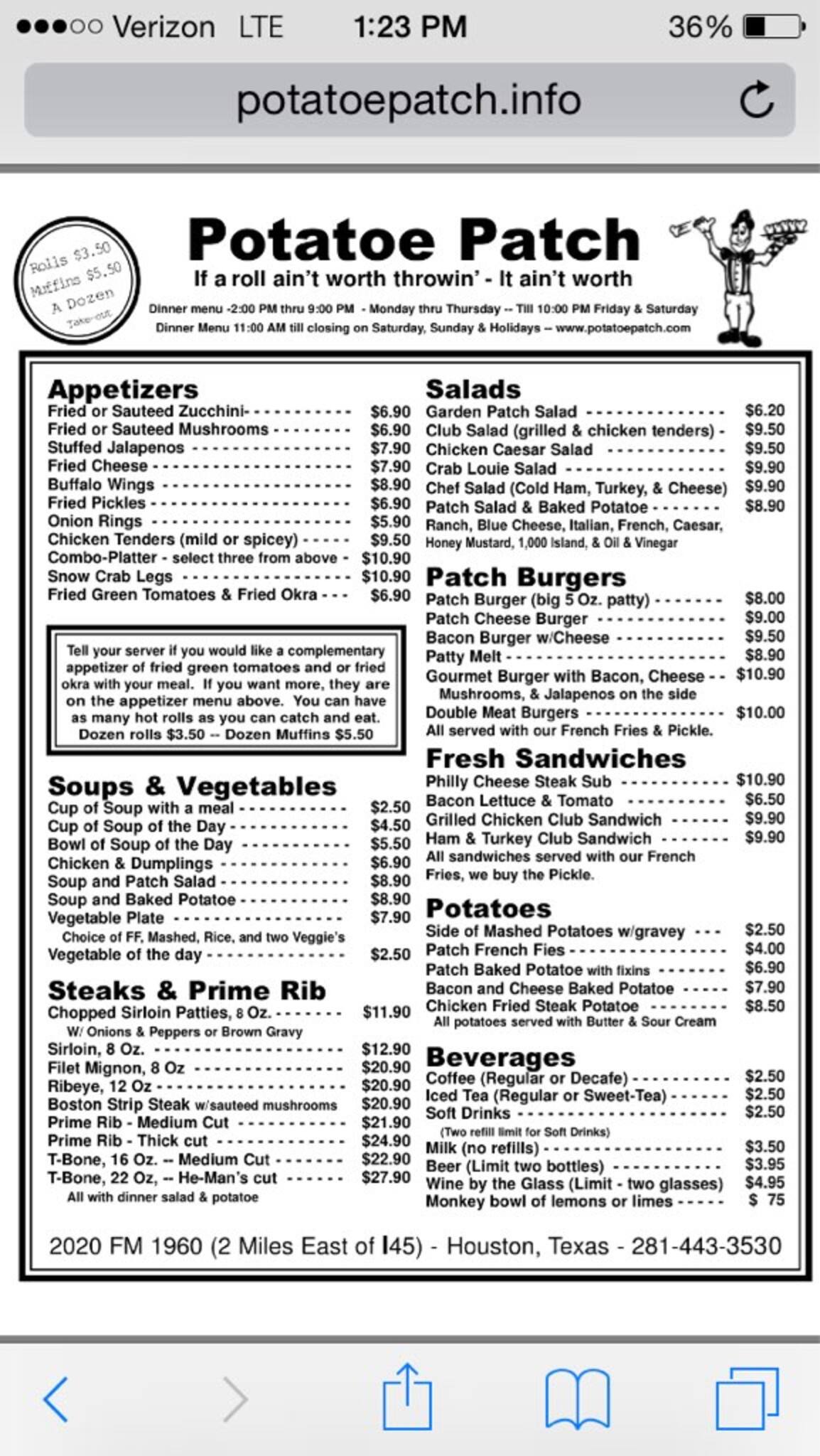 Menu at Potatoe Patch steakhouse, Houston, FM 1960