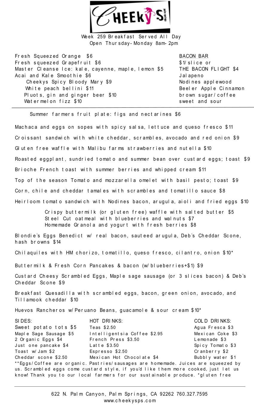 Menu at Cheeky's pub & bar, Palm Springs