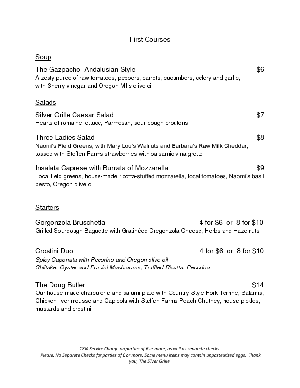 Menu at Silver Grille desserts, Silverton