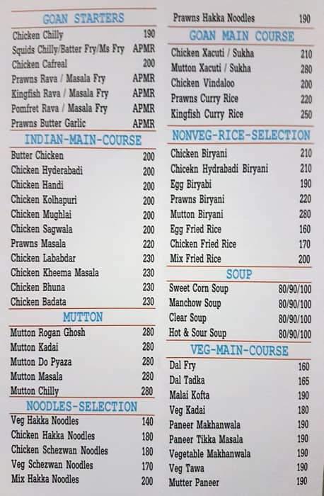 Menu of The Goan Majestic, Ponda, Goa