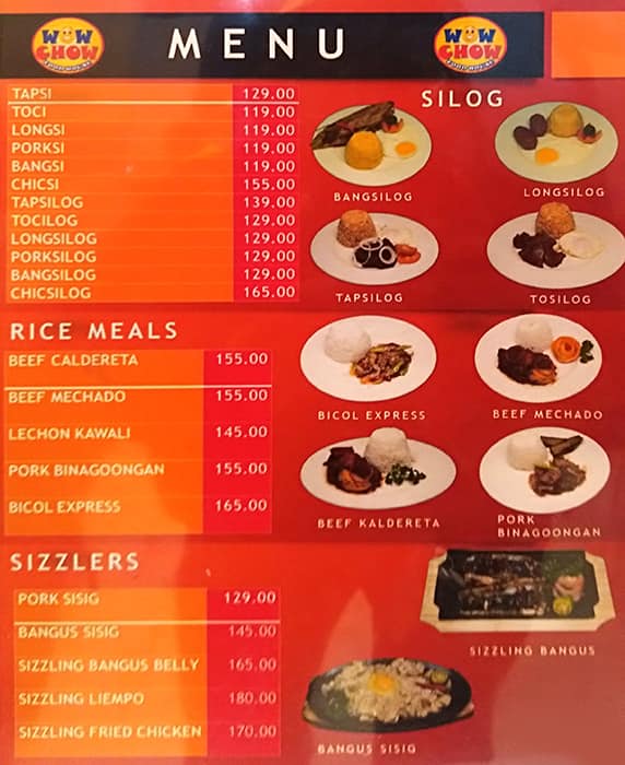 Menu at Wow Chow Food House restaurant, Parañaque, Quirino Avenue