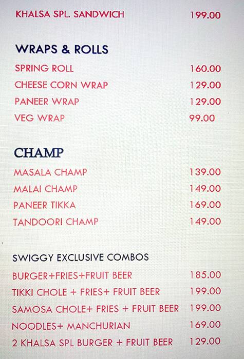 Menu at New Khalsa Tikki, Ludhiana