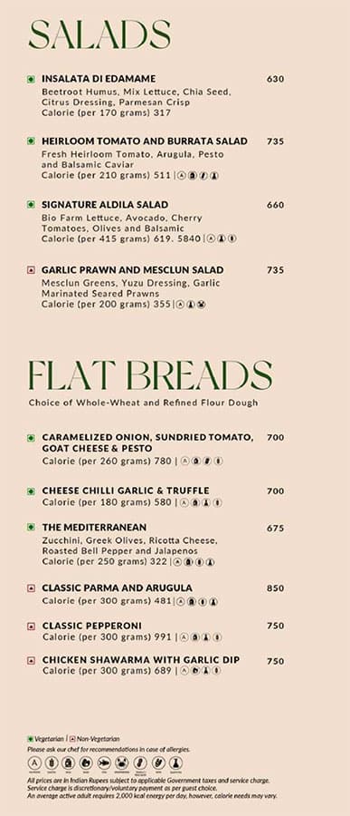 Menu of Al Di La - Conrad Pune, Bund Garden Road, Pune