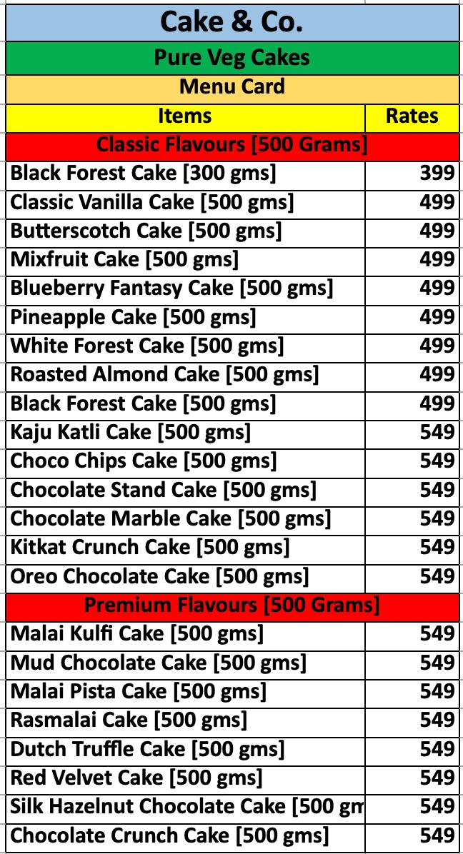 Menu of Cake & Co., Pimpri, Pune