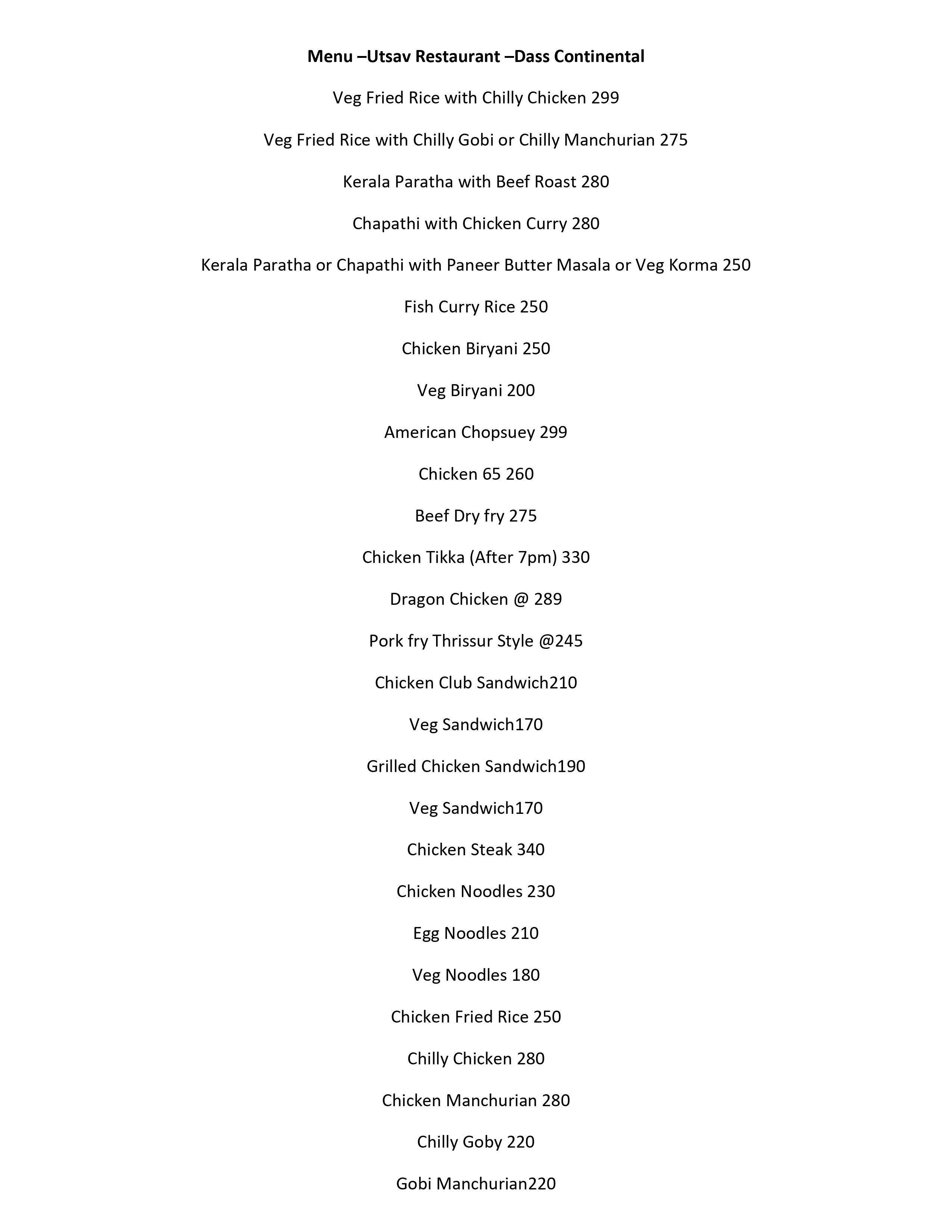 Menu of Dass Continental, Poothole, Thrissur