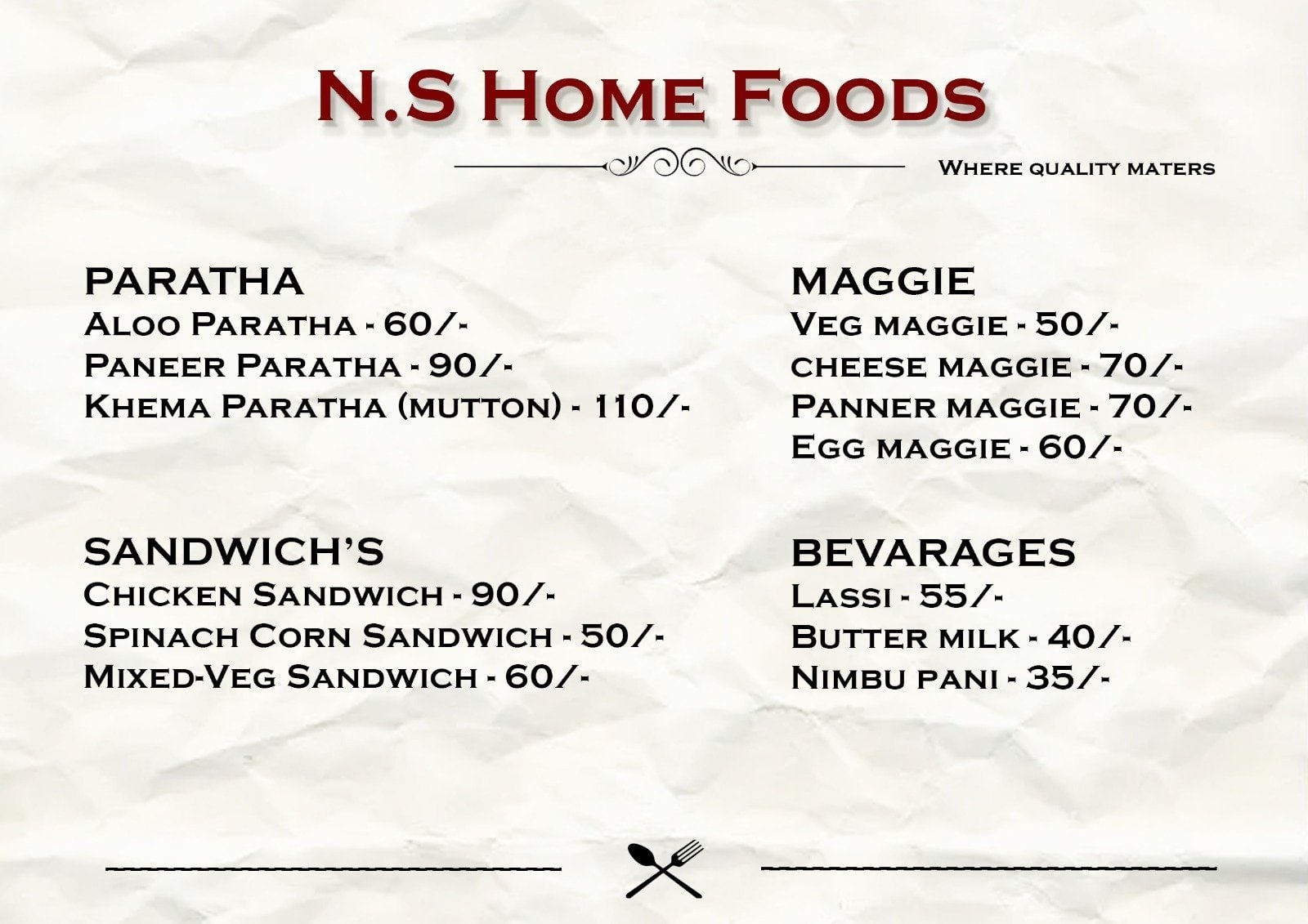 Menu of NS Home Foods, Masab Tank, Hyderabad