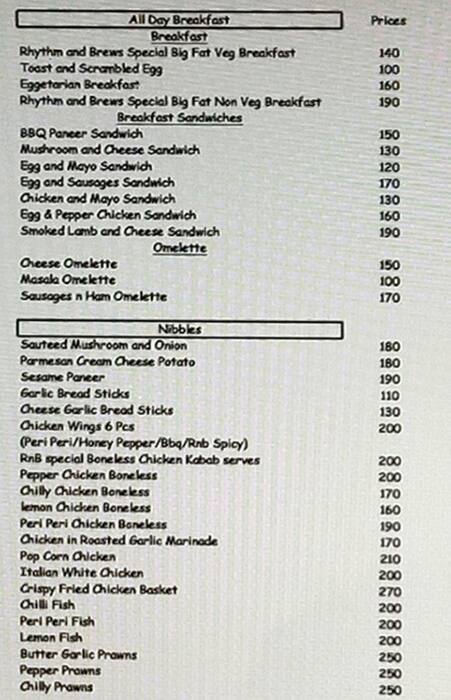 Menu of Rhythm N Brews, Jayalakhsmipuram, Mysore