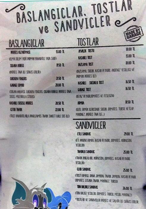 Menu at Old Car GARAGE, Istanbul, Elalmış Cd. No:44