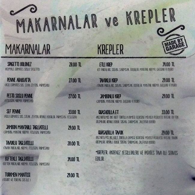 Menu at Old Car GARAGE, Istanbul, Elalmış Cd. No:44