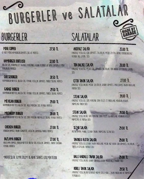 Menu at Old Car GARAGE, Istanbul, Elalmış Cd. No:44