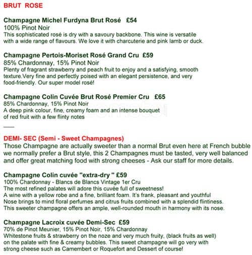 Carta del pub y bar Champagne + Fromage, Londres, Unit 10-11