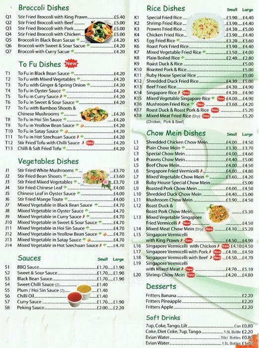 Menu at Ruby House London restaurant, London