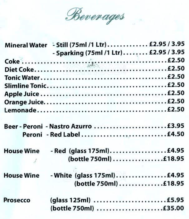 Menu at Allora pub & bar, London