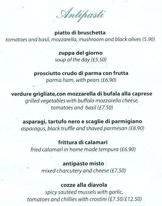 Menu at Allora pub & bar, London