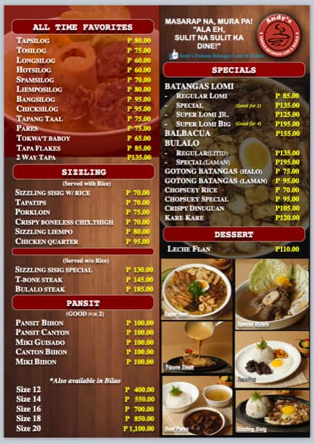 Menu at Andy's Famous Batangas Lomi and Bulalo, Quezon City, 98 Malakas ...