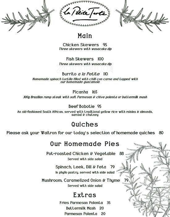 Menu at La Petite Tarte restaurant, Cape Town