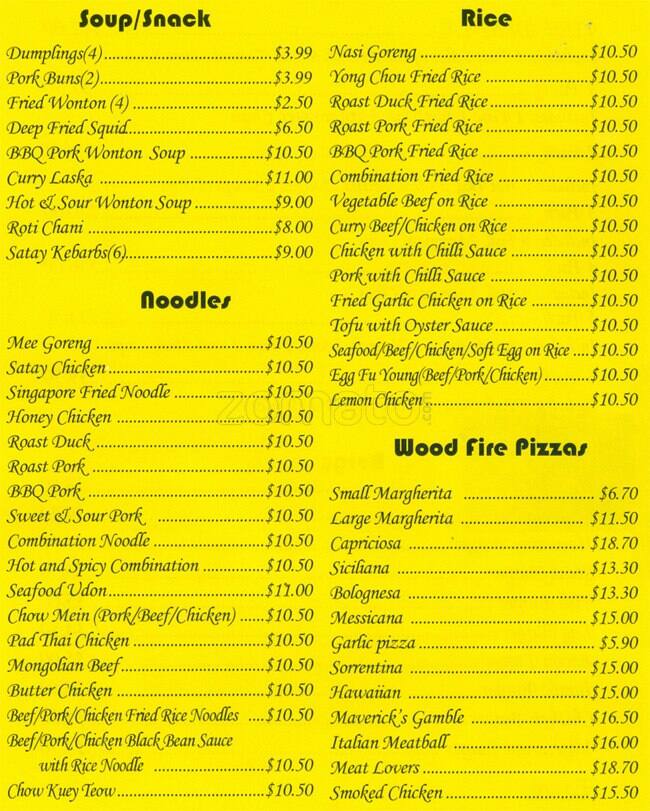 Menu at Sunny Takeaways, Wellington