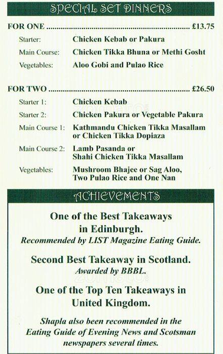 Menu at Shapla Takeaway fast food, Edinburgh