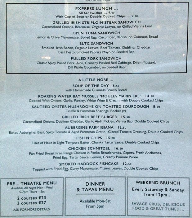 Menu at Lolly and Cooks cafe, Dublin, 18 Merrion St Upper