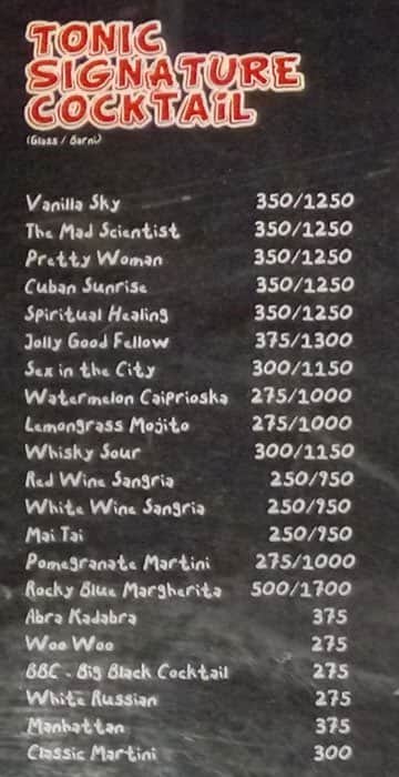 Menu at Tonic, Mumbai