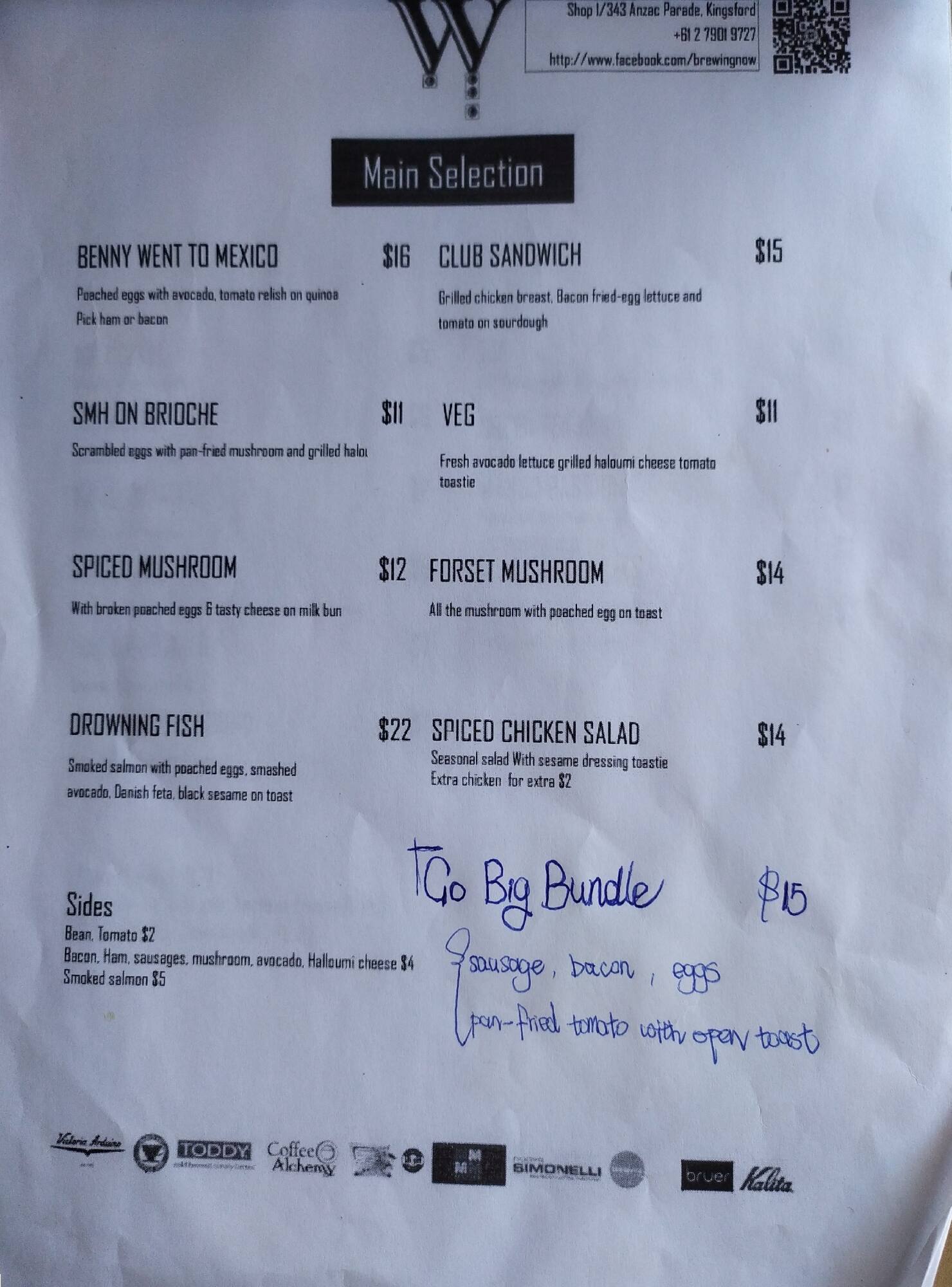 Menu at Brewing Now cafe, Kingsford