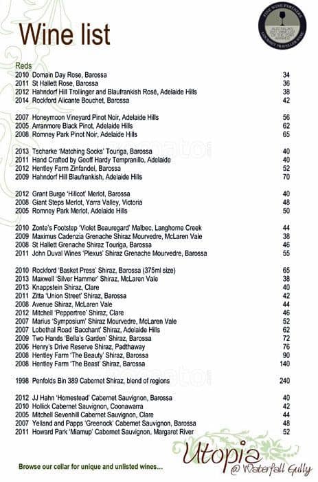 Menu at Utopia restaurant, Waterfall Gully