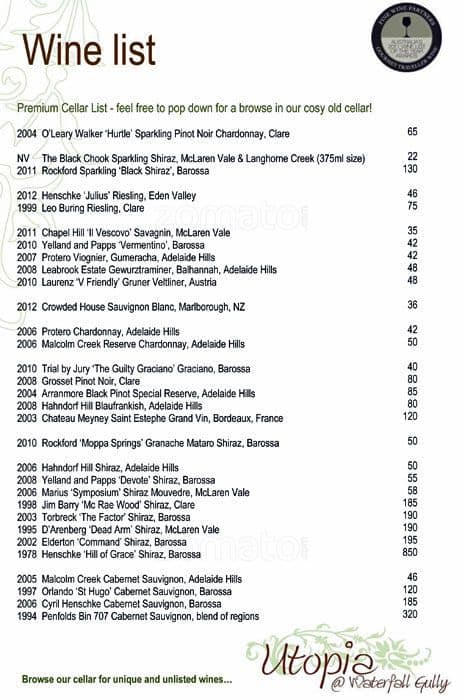 Menu at Utopia restaurant, Waterfall Gully