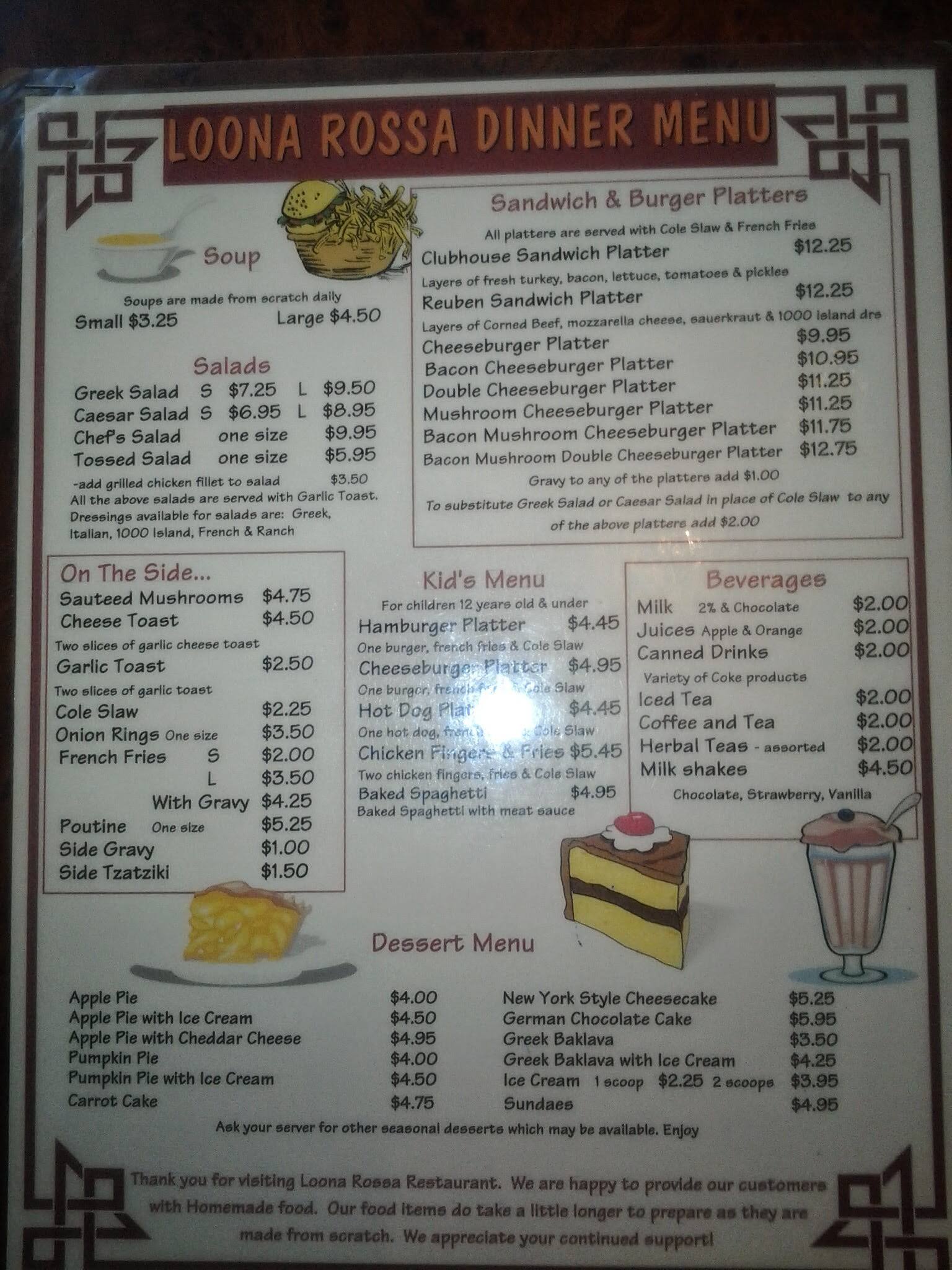 Menu at Loona Rossa pizzeria, Winnipeg